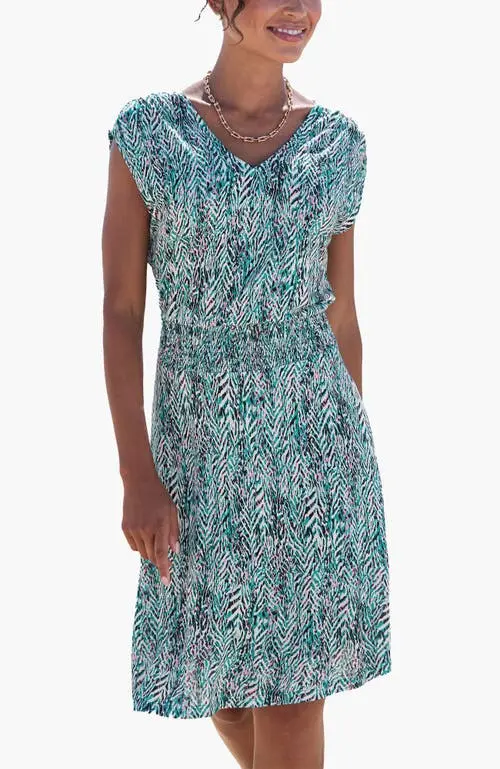 LASCANA Smocked Waist V-neck Dolman Sleeve Dress - Turquoise Rose
