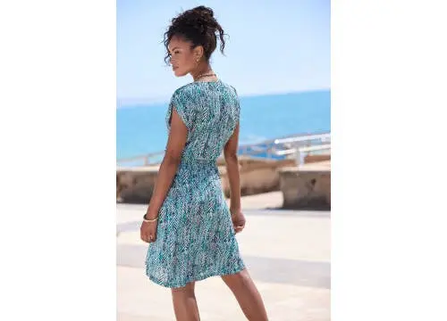 LASCANA Smocked Waist V-neck Dolman Sleeve Dress - Turquoise Rose