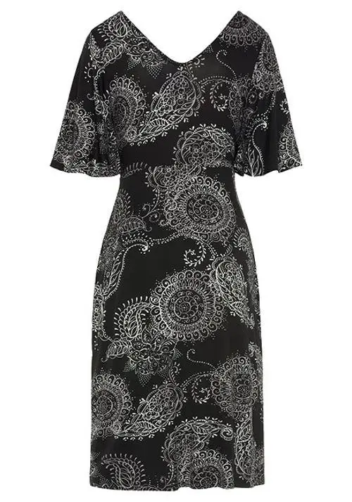 LASCANA Belted Asymmetrical Dress - Black Printed