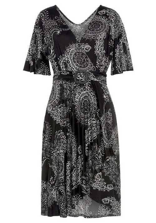LASCANA Belted Asymmetrical Dress - Black Printed