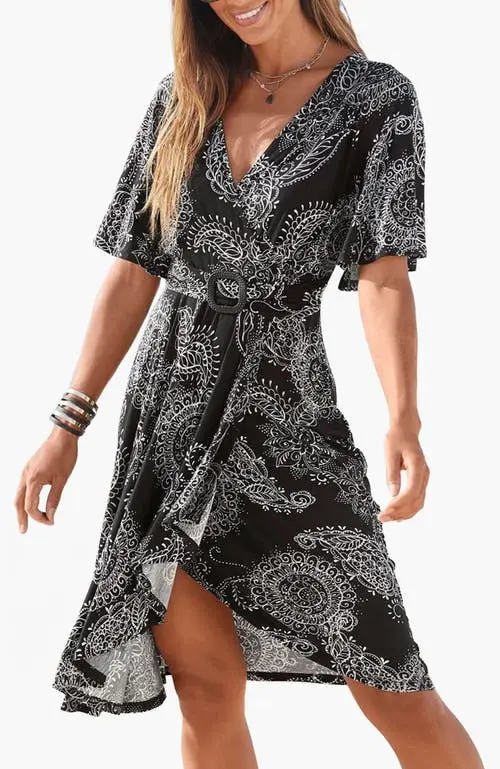 LASCANA Belted Asymmetrical Dress With Decorative Buckle - Black Printed