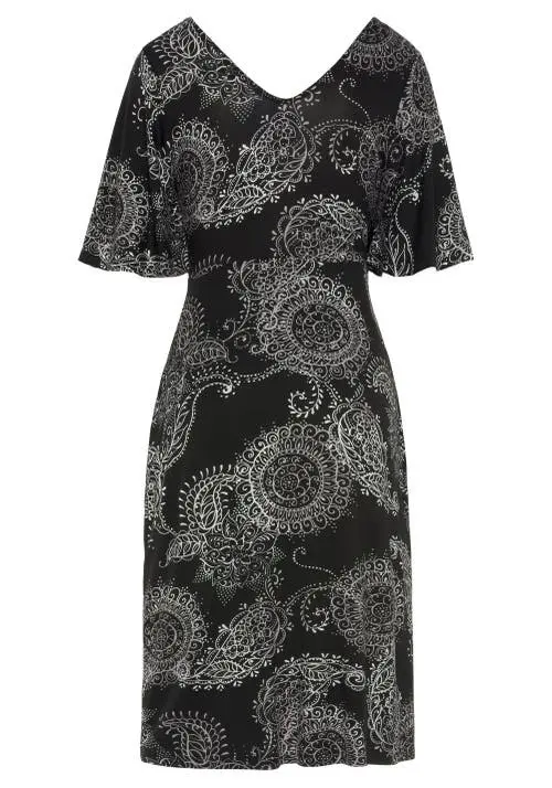 LASCANA Belted Asymmetrical Dress With Decorative Buckle - Black Printed