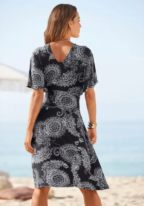 LASCANA Belted Asymmetrical Dress With Decorative Buckle - Black Printed