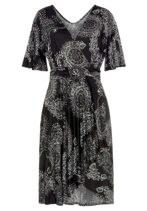 LASCANA Belted Asymmetrical Dress With Decorative Buckle - Black Printed