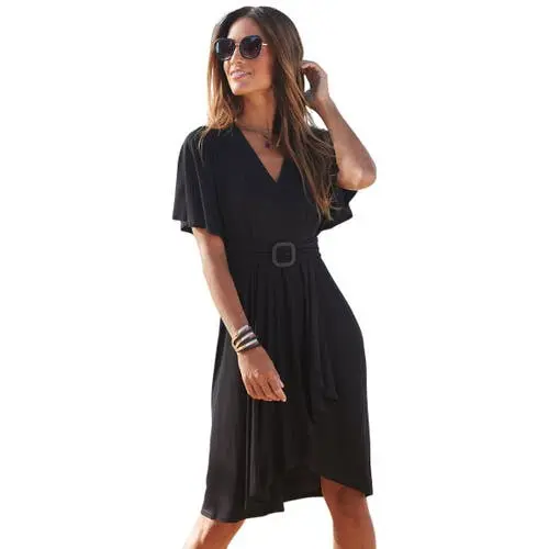 LASCANA Belted Asymmetrical Dress - Black