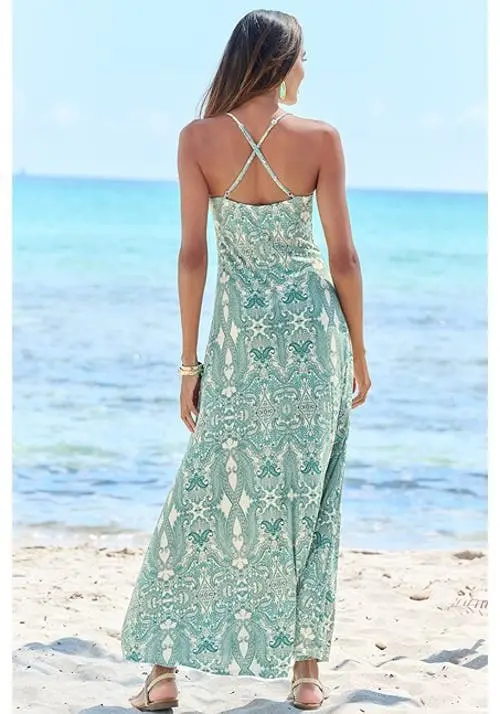 LASCANA Printed Criss-cross Strap Maxi Dress - Green Patterned