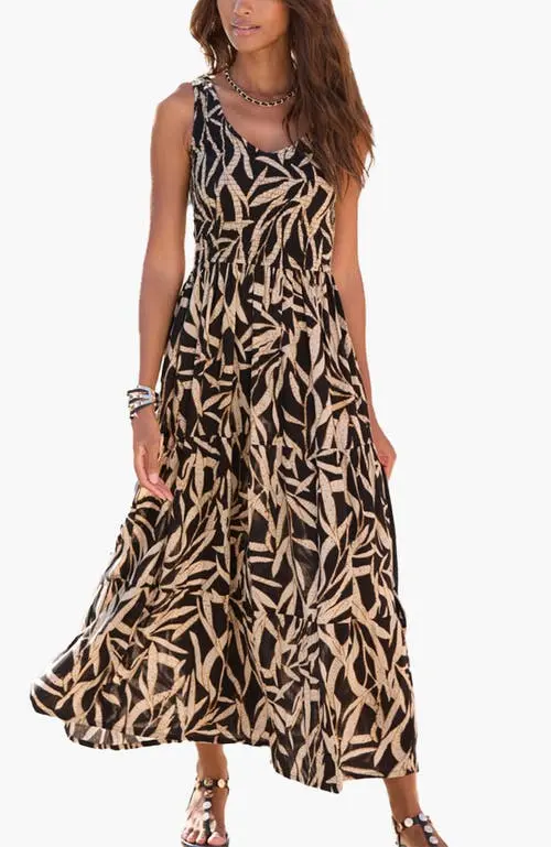 LASCANA Smocked V-neck Maxi Dress - Black Printed