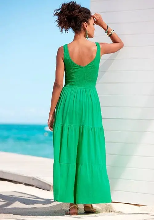 LASCANA Smocked V-neck Maxi Dress