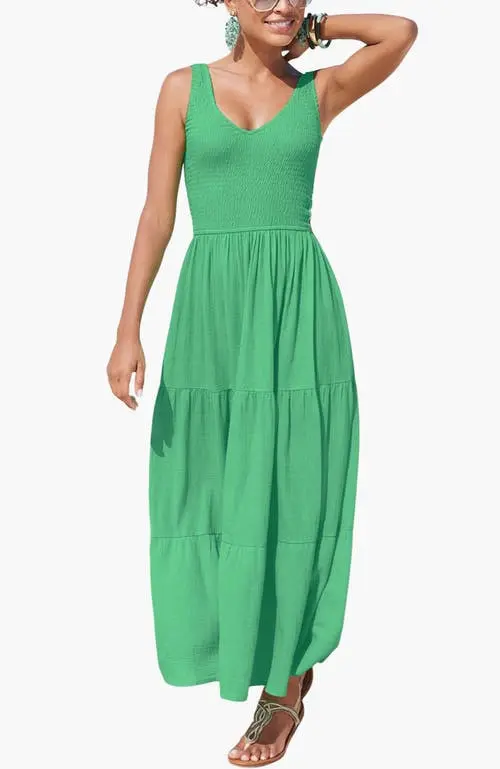 LASCANA Smocked V-neck Maxi Dress - Green