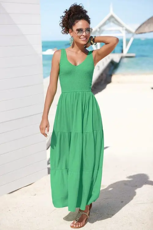 LASCANA Smocked V-neck Maxi Dress - Green