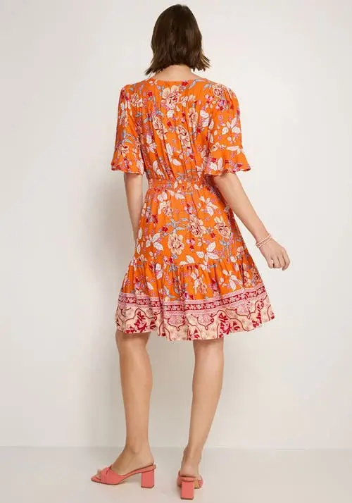 LASCANA Printed V-neck Tiered Flounce Sleeve Dress
