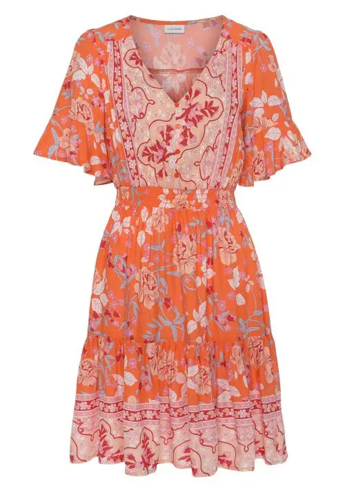 LASCANA Printed V-neck Tiered Flounce Sleeve Dress