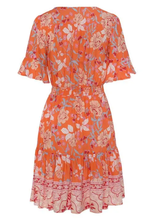 LASCANA Printed V-neck Tiered Flounce Sleeve Dress