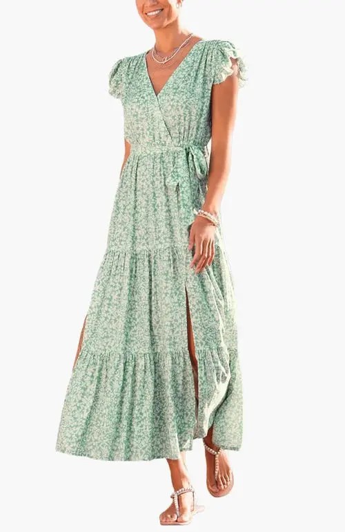 LASCANA Flutter Sleeve Maxi Dress - Green Patterned