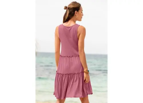 LASCANA Sleeveless Tiered Dress With Ruffled Trim - Mauve
