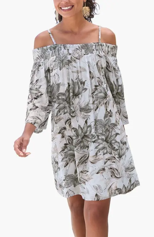 LASCANA Off-the-shoulder Tropical Print Dress - Black Printed
