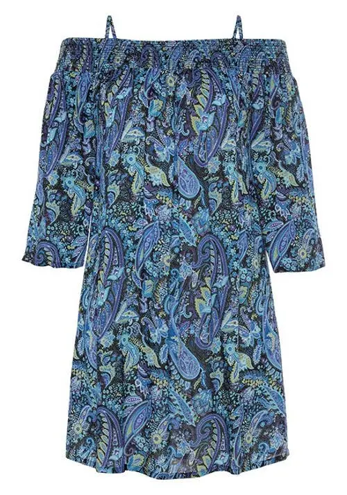 LASCANA Off-the-shoulder Tropical Print Dress - Blue Multi