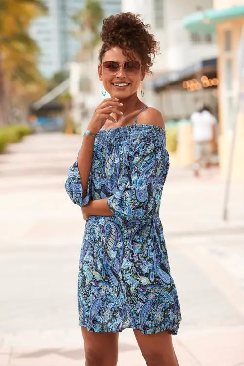 LASCANA Off-the-shoulder Tropical Print Dress - Blue Multi