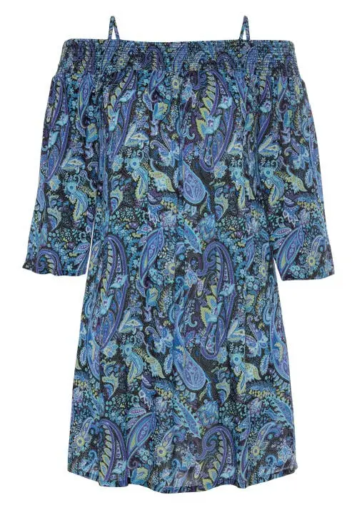 LASCANA Off-the-shoulder Tropical Print Dress - Blue Multi