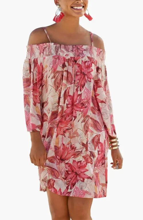 LASCANA Off-the-shoulder Tropical Print Dress - Red Printed