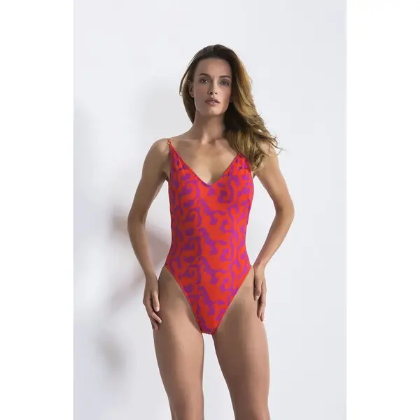 NESSI BYRD Abstract Coral Print High-cut One-piece Swimsuit - Red