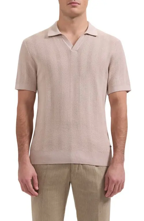 Bugatchi Johnny Collar Basket Stitch Cotton Blend Short Sleeve Sweater - Sand