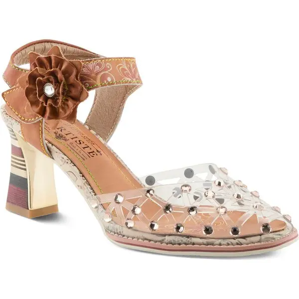 SPRING STEP SHOES Ankle Strap Sandal With Floral Appliqu - Camel Multi