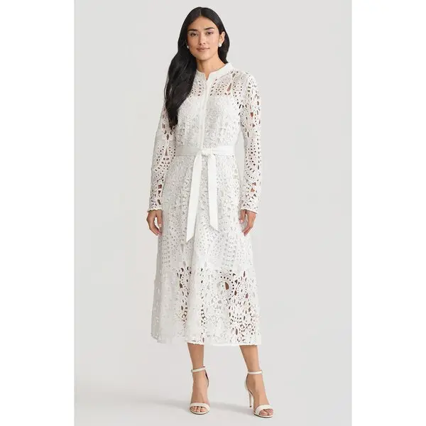 Ming Wang Fit-and-flare Lace Midi Dress With Mandarin Collar - White