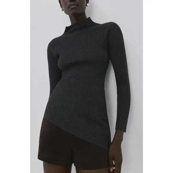 Mango Asymmetric Hem Mock Neck Sweater - Charcoal