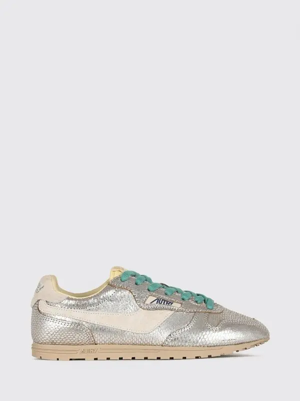 AUTRY Windspin Leather And Laminated Leather Lace-up Sneakers With Carved Logo - Silver