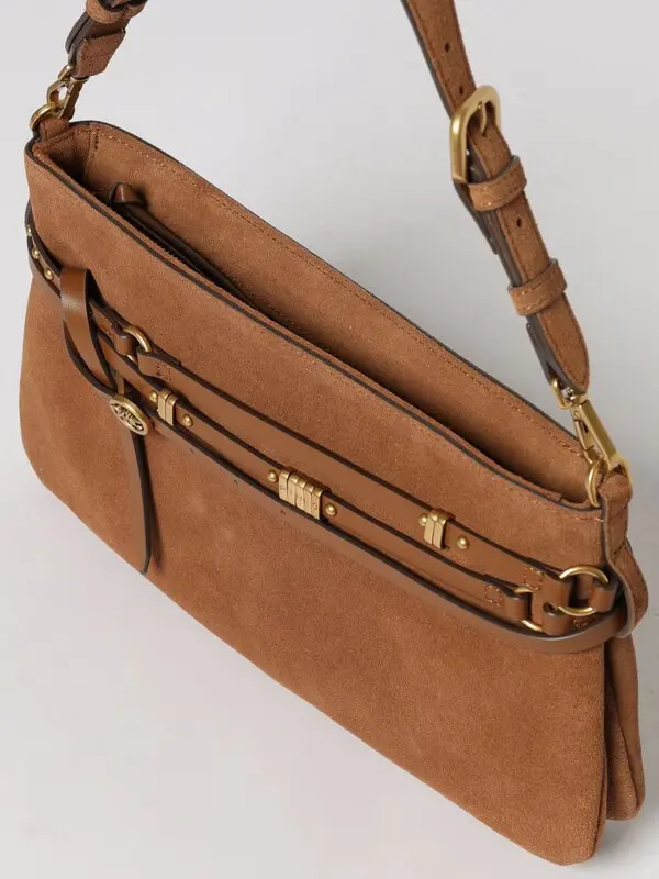 Pinko Suede Shoulder Bag With Micro Studs And Logo Detail - Brown
