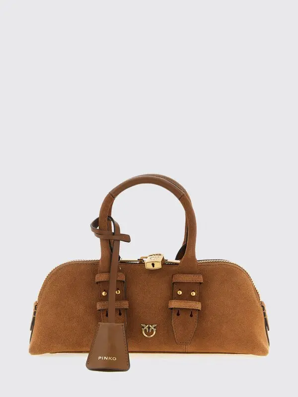 Pinko Suede Top Handle Bag With Lock Detail - Brown