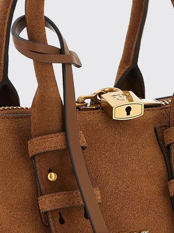Pinko Suede Top Handle Bag With Lock Detail - Brown