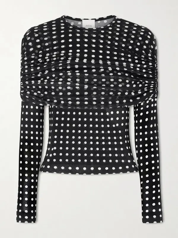Patou Ruched Polka-dot Chiffon Top - Black