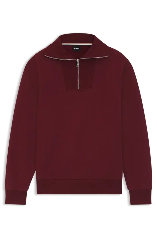 BOSS Peached-cotton Sweatshirt With Zip Collar - Dark Red