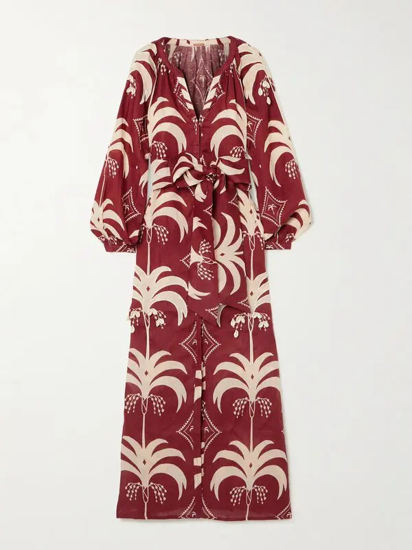 Johanna Ortiz Weaving Waves Belted Embellished Printed Linen Midi Dress - Red