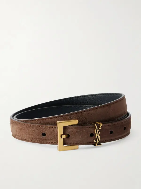 Saint Laurent Cassandre Suede Belt - Brown