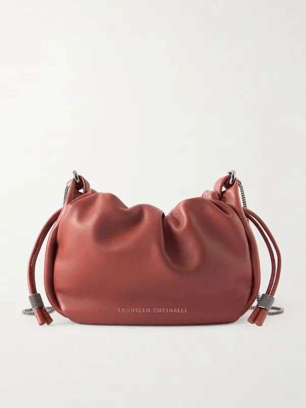 Brunello Cucinelli Mellow Mini Bead-embellished Leather Bucket Bag - Red