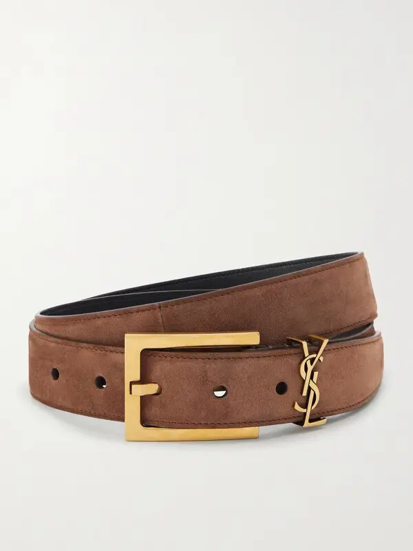 Saint Laurent Cassandre Embellished Suede Belt - Brown
