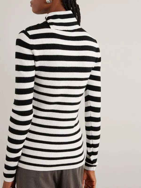 LISA YANG Sabrine Button-detailed Striped Ribbed Turtleneck Sweater