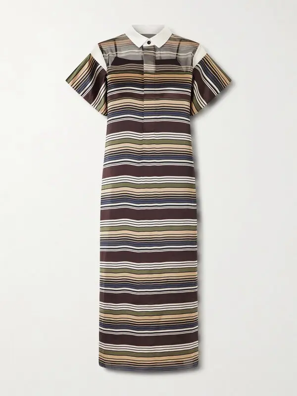 Sacai Striped Organza And Satin Midi Dress - Brown
