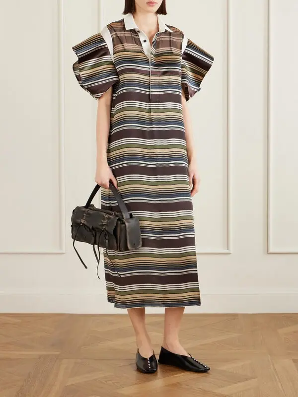 Sacai Striped Organza And Satin Midi Dress - Brown