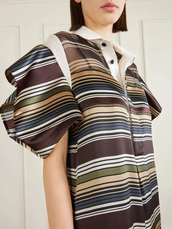 Sacai Striped Organza And Satin Midi Dress - Brown