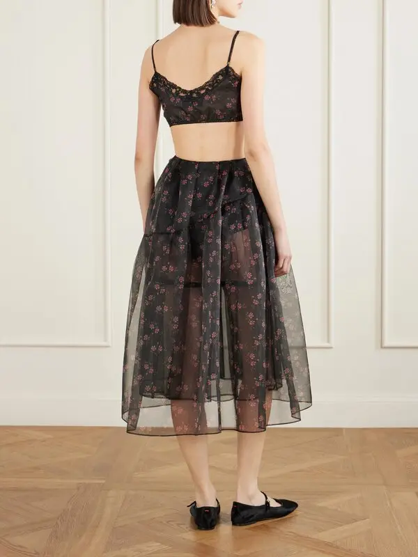 Simone Rocha Cropped Lace-trimmed Floral-print Organza Top