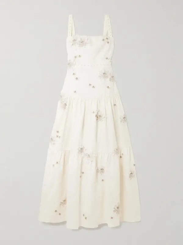 Agua Bendita Lima Embellished Appliquéd Tiered Maxi Dress