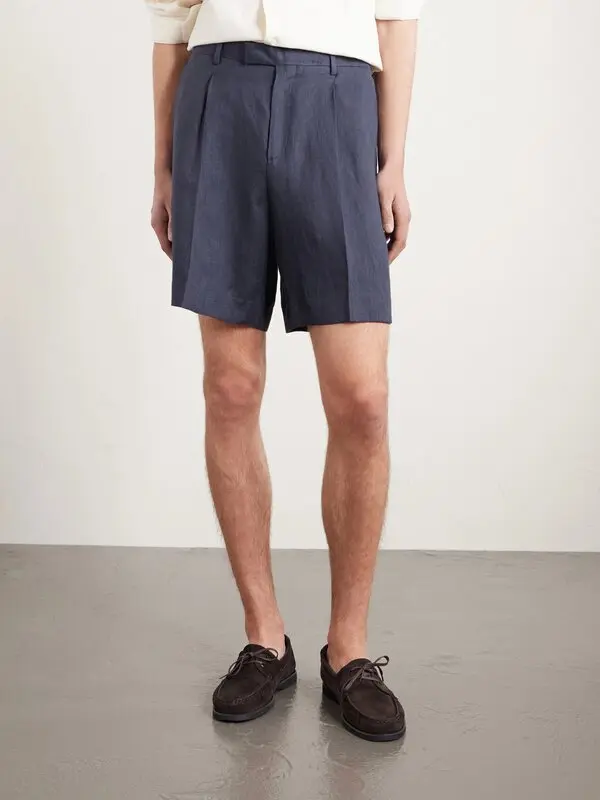 LARDINI Straight-leg Pleated Linen-twill Shorts - Blue