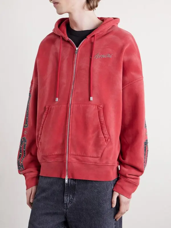 Amiri Studded Cotton-jersey Zip-up Hoodie - Red