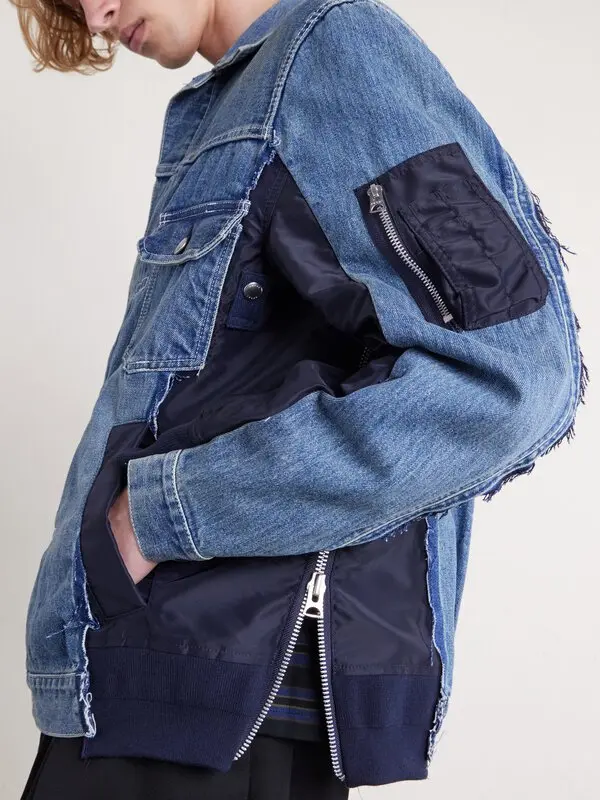 Sacai Denim And Nylon-twill Bomber Jacket - Blue