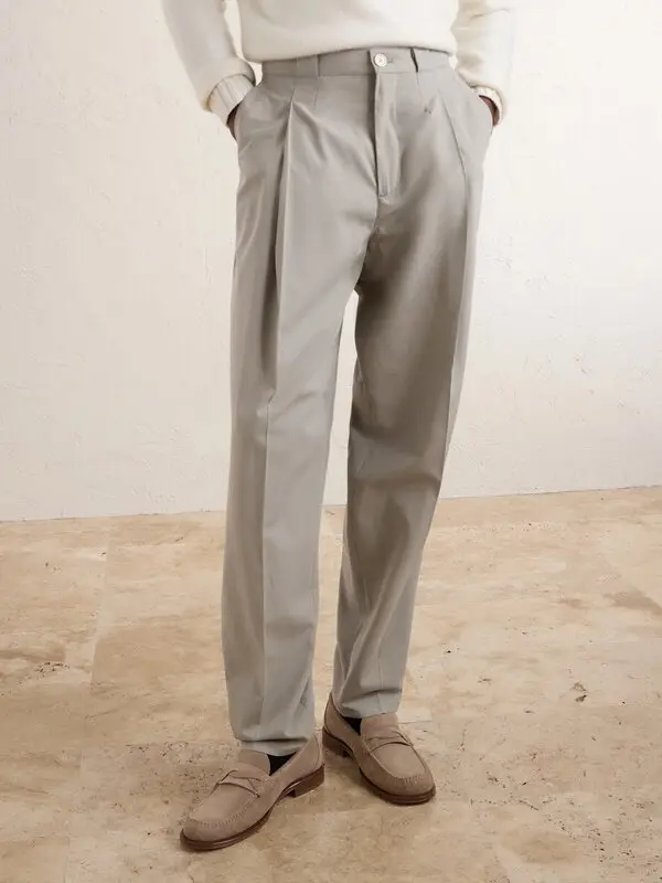 Brunello Cucinelli Straight-leg Pleated Cotton-twill Trousers - Gray