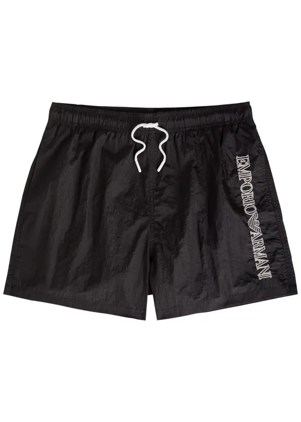 Emporio Armani Logo-embroidered Crinkled Nylon Swim Shorts - Black